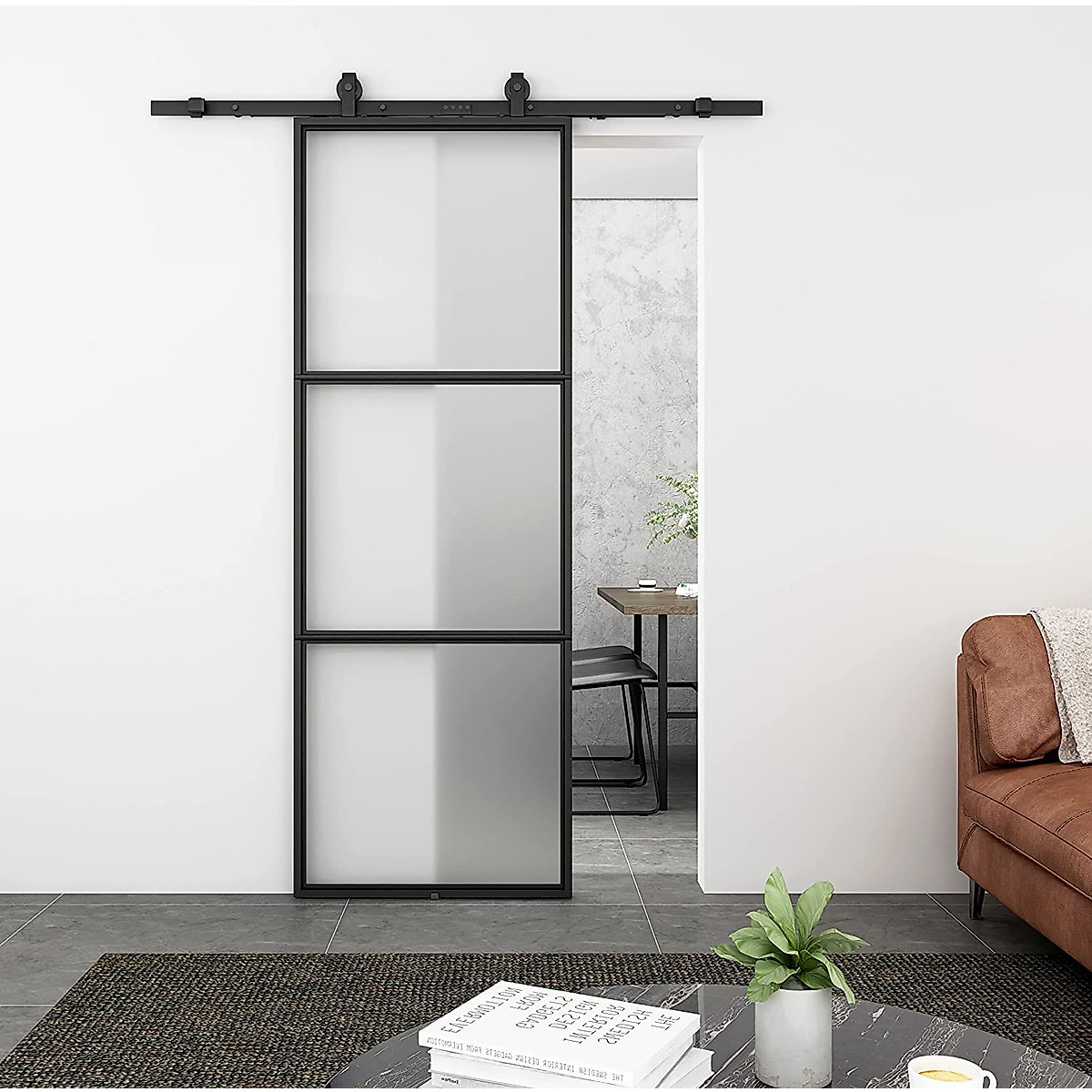BARNSMITH 30in x 84in Frosted Glass Barn Door with 5FT Top Mounted Hardware kit Include Soft Close Mechanism Black Carbon Steel Tempered Frosted Glass Sliding Door,Assemble Required Easy Installation