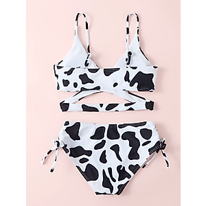 Milumia Girl's Cute Swimsuits Cow Print Wrap Knot Side Bikini Set 2 Piece Criss Cross Bathing Suit Black and White 11-12 Years