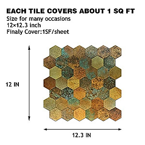 Kasaro 10-Sheet Peel and Stick Backsplash Tile, Retro Rust Stone Classic Stick on Wall Tiles, Self-Adhesive Aluminum Backsplash for Kitchen, Bathroom, Fireplace, Bedroom, Hexagon