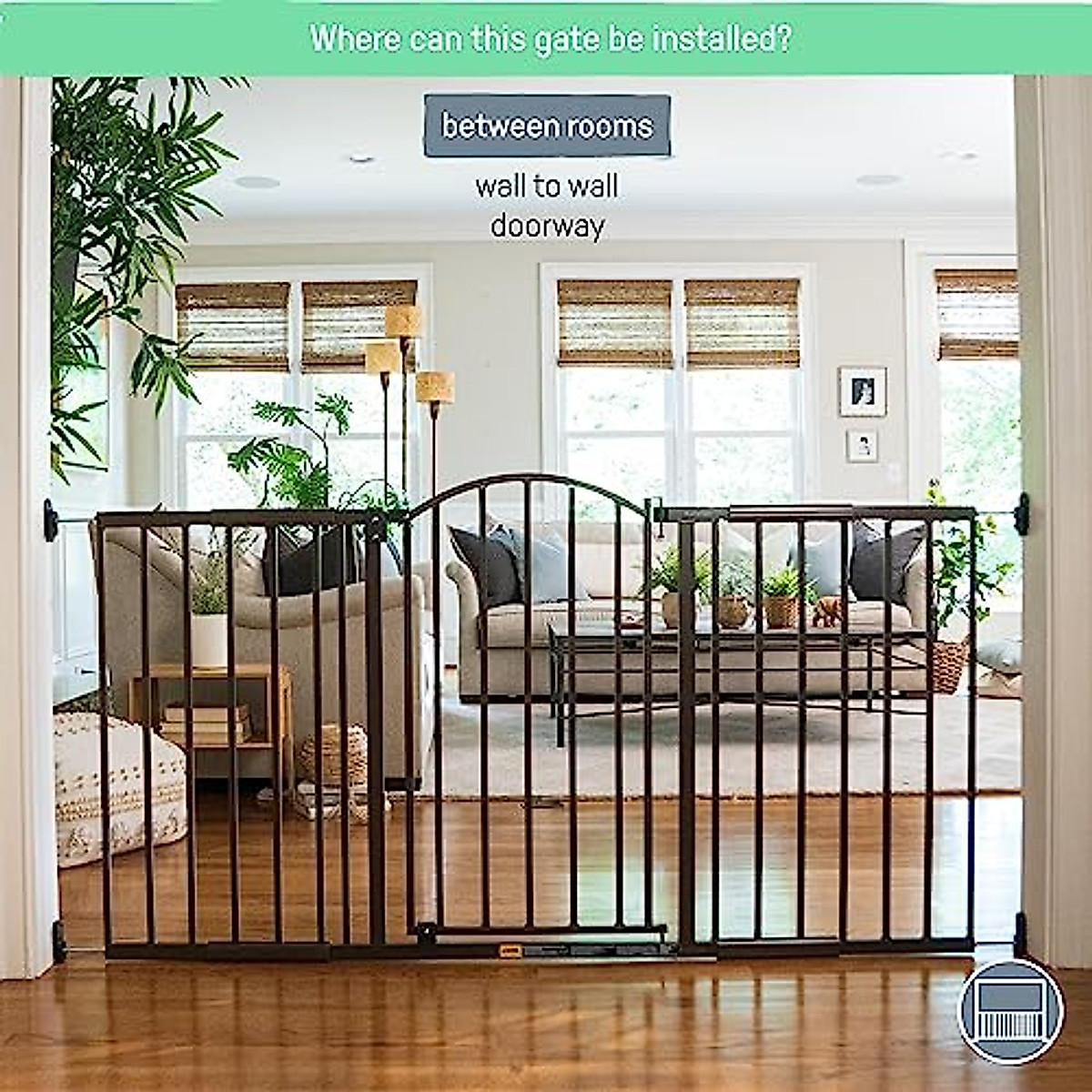 Summer Metal Expansion Extra Wide Safety Pet and Baby Gate, 44"-71" Wide, 36” Tall, Hardware Mounted for Dog and Child Safety, Fits Large Opening or Doorway, Auto Close Walk Thru Door - Bronze