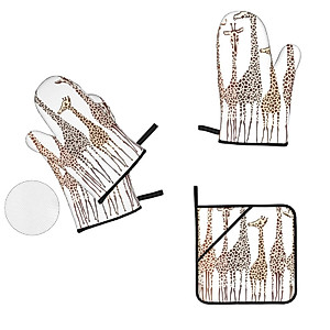 Cute Wild Cartoon Giraffes Oven Mitts and Pot Holders Sets,Washable Heat Resistant Kitchen Non-Slip Printed Grip Oven Gloves for Microwave BBQ Cooking Baking Grilling