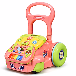 BABY JOY Sit-to-Stand Walker, 2 in 1 Pull and Push Baby Walker w/Detachable Learning Activity Panel, Adjustable Height, Music & Light, Early Development Toys for Toddlers (Pink)