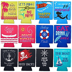 12 oz Beach Themed Neoprene Can Cooler Sleeves for Soda, Beer, Beverages (12 Pack)