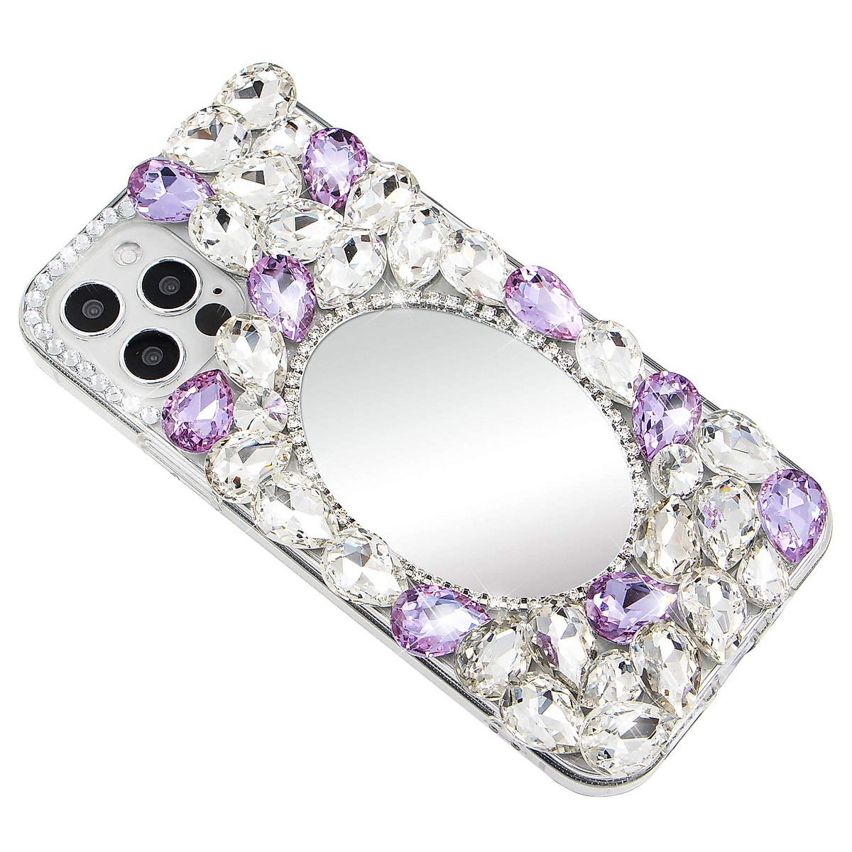 Crystal Mirror Case for iPhone 13 Pro,Luxury Sparkle Bling 3D Diamond Rhinestone Phone Case Women Girls Makeup MOIKY Clear Slim Shockproof TPU Bumper Protective Cover for iPhone 13 Pro(White+Purple)