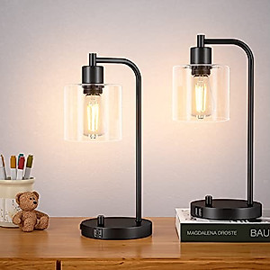 yotutun - Set of 2 Industrial Table Lamps with 2 USB Port, Black Bedside Lamps, Fully Dimmable Nightstand Desk Lamp for Reading Bedroom Living Room, Glass Shade & 2 LED Bulbs Included