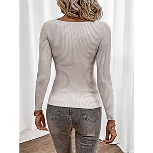 SweatyRocks Women's Basic Long Sleeve Boat Neck Top Ribbed Knit Slim Fit Pullover Sweater Apricot S
