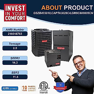 Goodman 2.5 Ton 14.3 SEER2 Single Stage Heat Pump GSZB403010 and 80,000 BTU 80% AFUE Multi-Speed Gas Furnace GM9C800805CN Upflow System with CAPTA3026C4