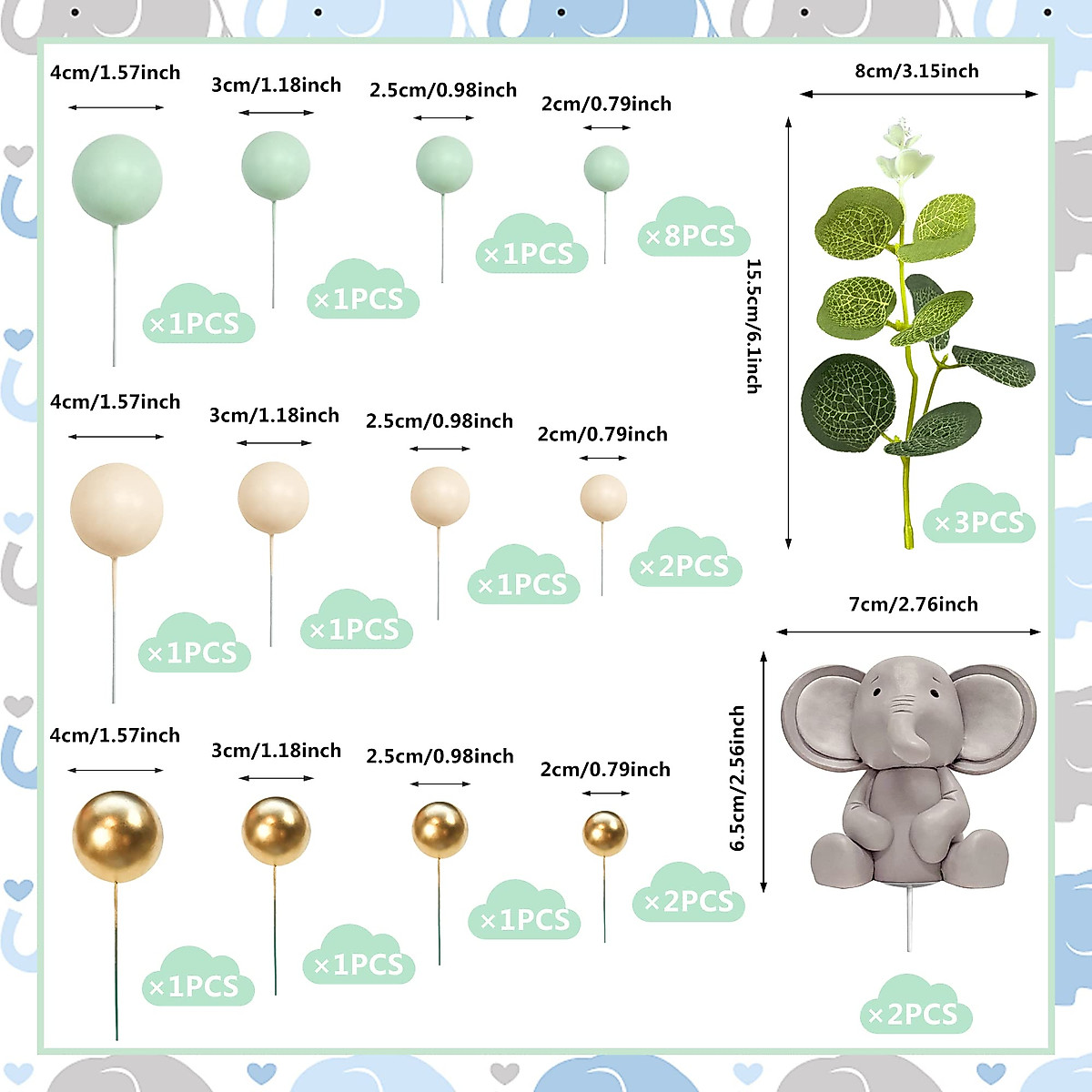 26 PCS Elephant Cake Decoration Pearl Balls Cake Picks Eucalyptus Leaves Decoration Elephant Baby Shower Cake Decoration