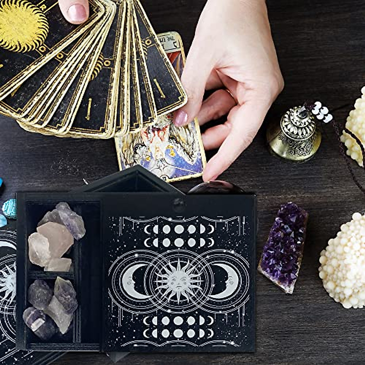 Hukalw Wooden Tarot Card Case Holder, Deck Box Organizer Storage Compatible with Most sizes Cards, 3 Storage Compartments