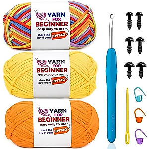 3 Pack Beginners Crochet Yarn Rainbow Yellow Orange Cotton Crochet Yarn for Crocheting Knitting Beginners with Easy-to-See Stitches Cotton-Nylon Blend Crochet Yarn for Beginners Crochet Kit(3x50g)