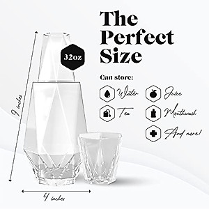 Fifth Avenue Crystal Modern Geometric Bedside Water Carafe with Tumbler- Elegant Pitcher and Matching Drinking Glass Doubles As Lid for Guest Room, Office (Clear)