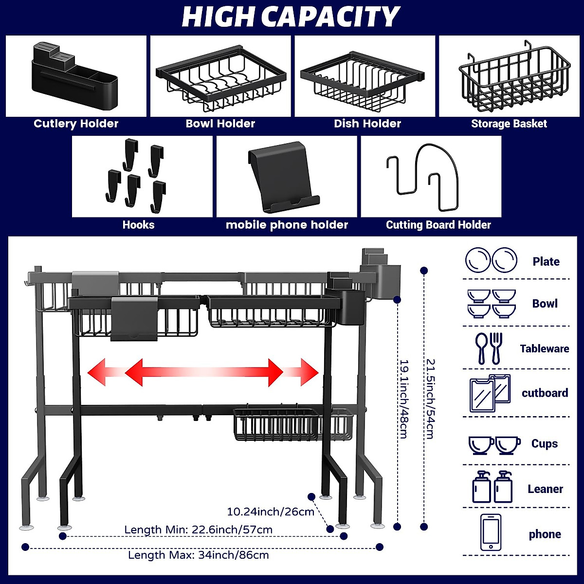 ADBIU Over The Sink Dish Drying Rack (Expandable Height and Length) Snap-On Design 2 Tier Large Dish Rack