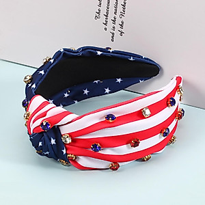 Budsmile American Flag Headbands for Women Girls Independence Day 4th of July Red White Blue Patriotic Headband USA Knotted Wide Rhinestone Hair Accessories Hair Hoops