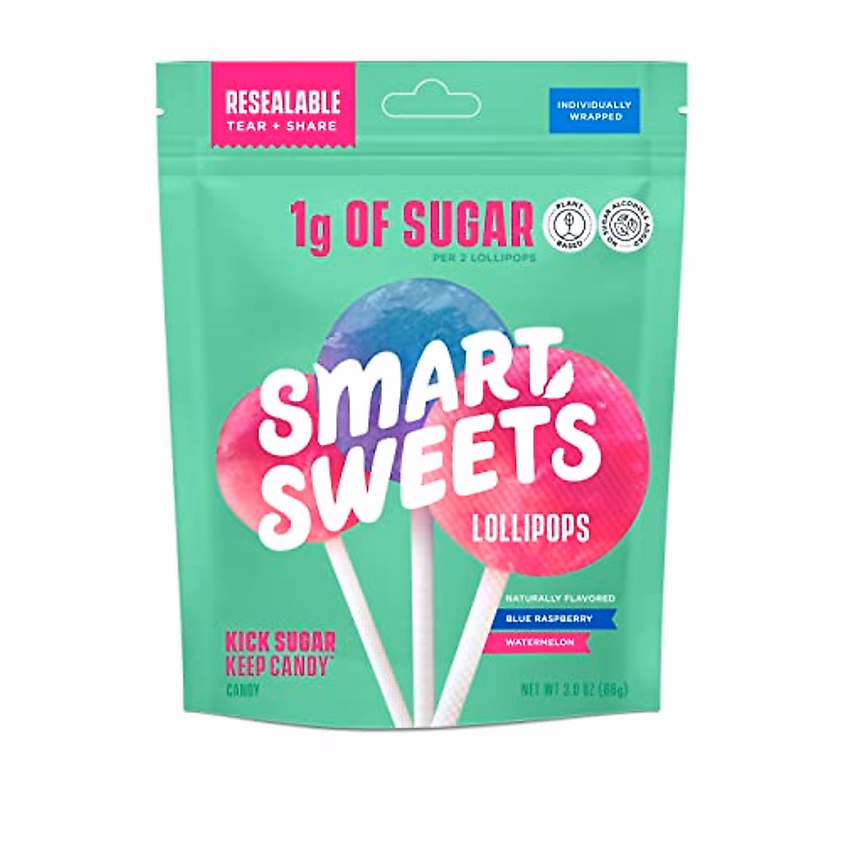SmartSweets Lollipops, Blue Raspberry & Watermelon Flavors, Hard Candy with Low Sugar (1g), Low Calorie (40), No Artificial Sweeteners, Plant-Based, Gluten-Free, 3oz (Packaging May Vary)