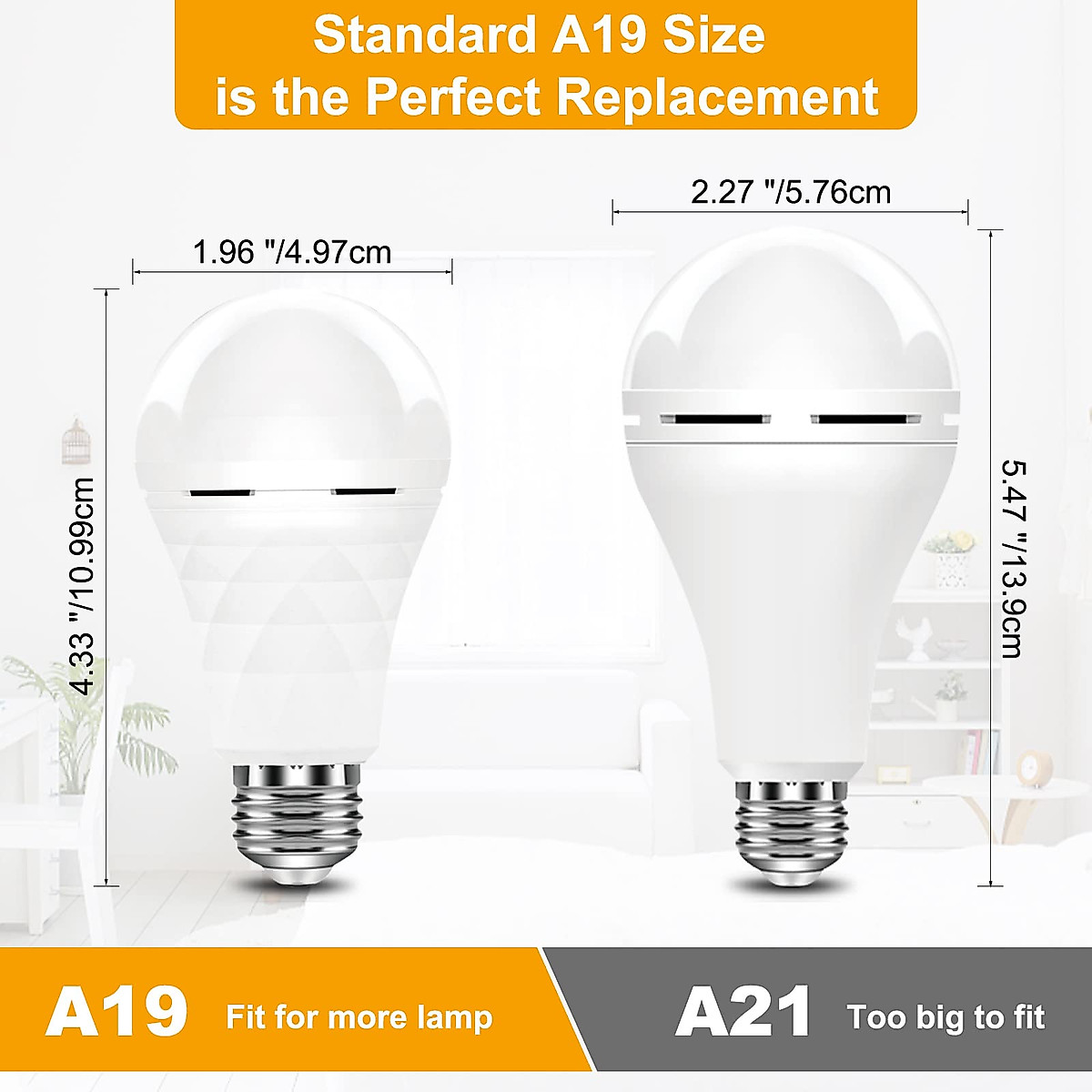 A19 Rechargeable Light Bulbs, Emergency Light Bulbs for Power Failure, LED Bulb 80 Watt Equivalent,12W 5000K Daylight 1200mAh Battery Backup Light Bulb E26/E27 with Hook for Daily and Emergency Use.