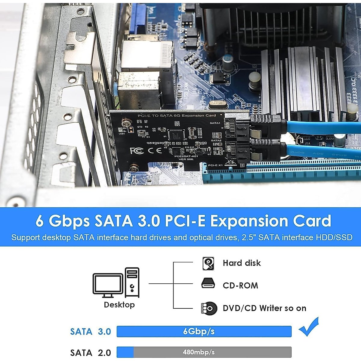 BEYIMEI PCIe SATA Card 2 Ports, PCI-E to SATA Expansion Card,6Gbps PCI-E (2X 4X 8X 16X) SATA 3.0 Controller Card for Windows10/8/7/XP/Vista/Linux,Support SSD and HDD