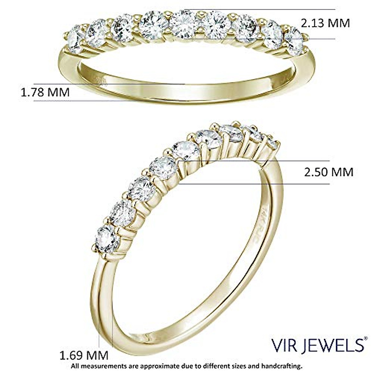 VIR JEWELS 1/2 carat (ctw) Diamond Wedding Anniversary Band for Women, Round Diamond Engagement Ring 14K Yellow Gold 9 Stones Prong Set 0.50 cttw, Size 4.5