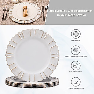 MAONAME 13" White Charger Plates, Antique Plate Chargers with Wipe Gold Waved Scalloped Rim, Plastic Chargers for Table Setting, Wedding decor, Set of 6