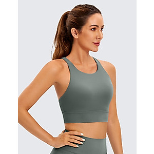 CRZ YOGA Womens Butterluxe Strappy High Neck Longline Sports Bra - Wireless Criss Cross Back Padded Workout Cropped Top Grey Sage Large