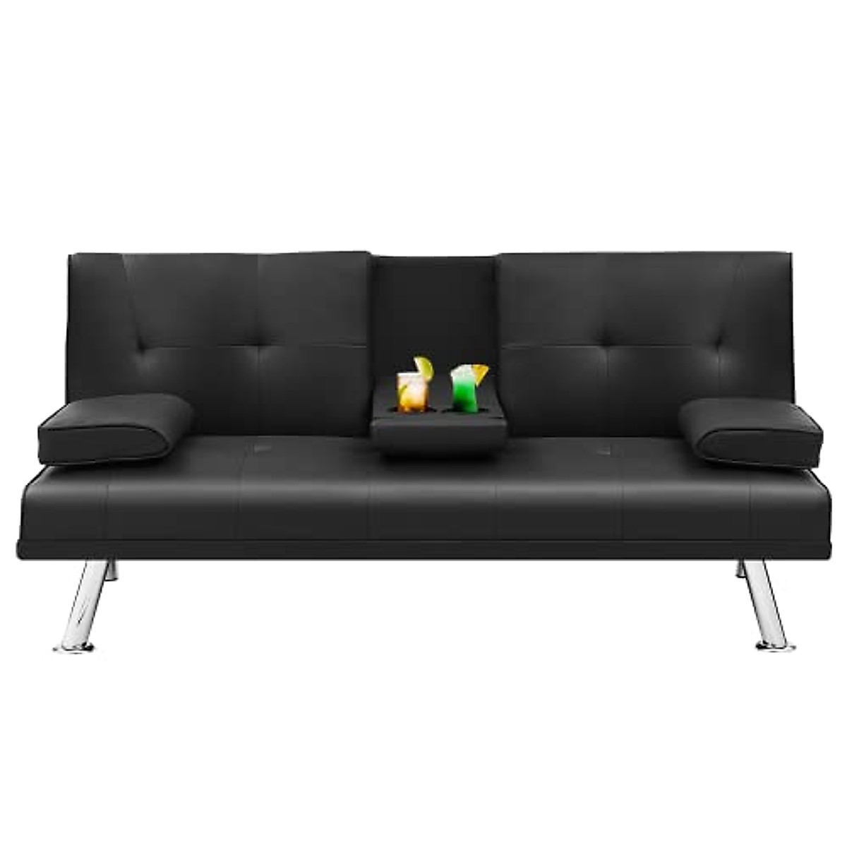 DKLGG Modern Futon Sofa Bed Faux Leather Convertible Recliner Couch with 2 Cup Holders, Armrest and Metal Legs Home Furniture (Dark Black)