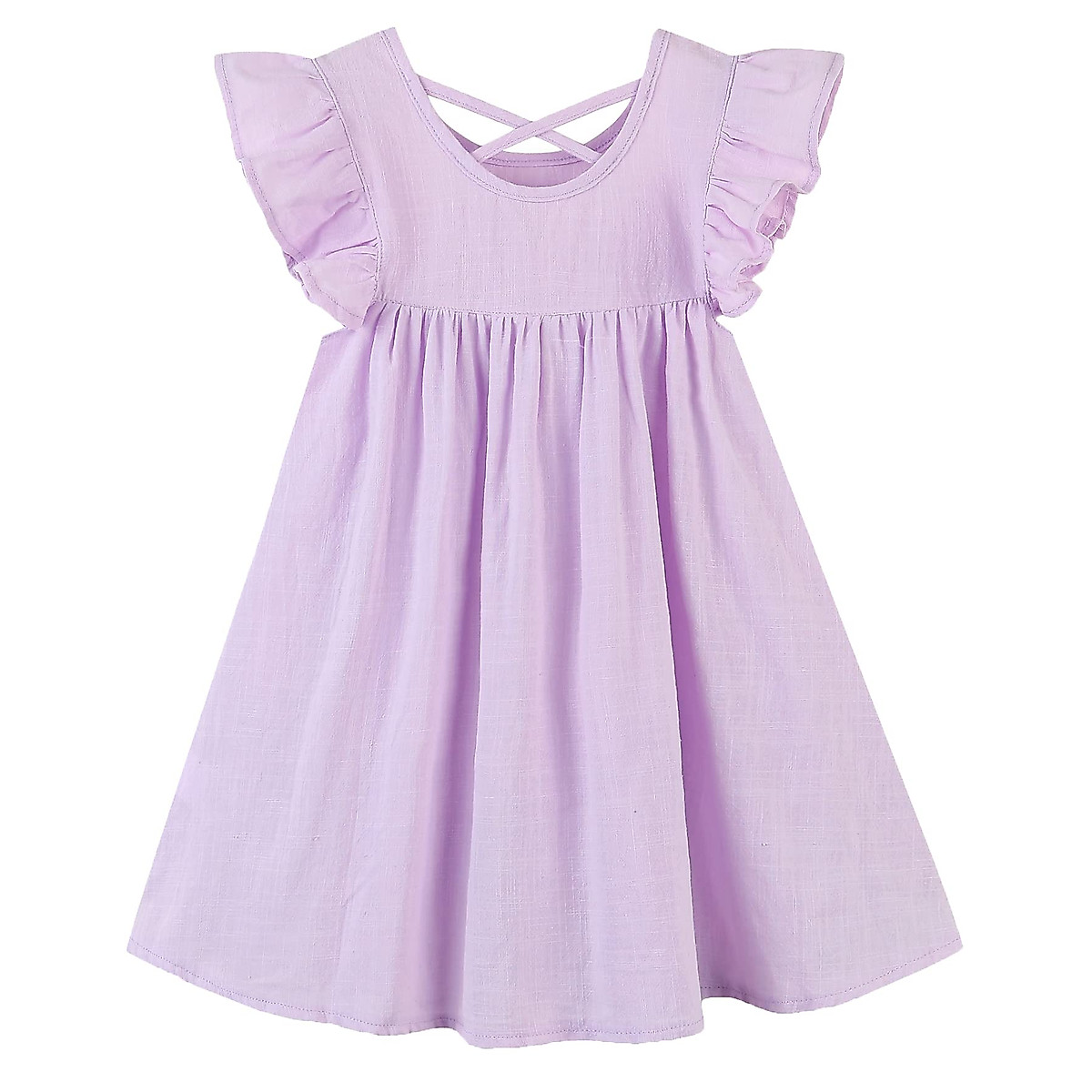 GSVIBK Baby Girls Linen Cotton Dress Halter Flutter Sleeve Casual Dress Toddler Girl Ruffle Sleeve Dress 686 Lavender 90