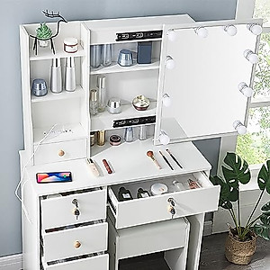 Lucaseone Vanity Desk with Lights Mirror, Vanity Table Makeup Vanity with Slidable Mirror,Drawers & Stool,for Bedroom, White (05USB712)