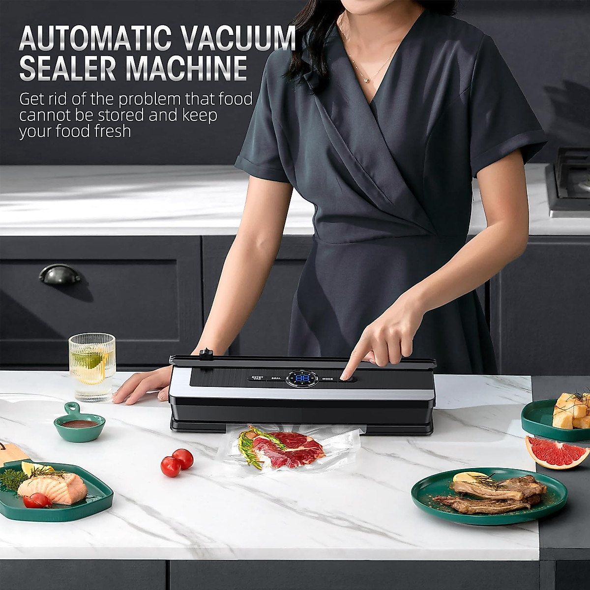 Vacuum Sealer Machine - 8 in 1 Food Vacuum Sealer Machine with Build-in Cutter Automatic Air Sealing System LED Indicator for Food Storage Dry and Moist Food Modes with 15Pcs Seal Bags Kit (Black)