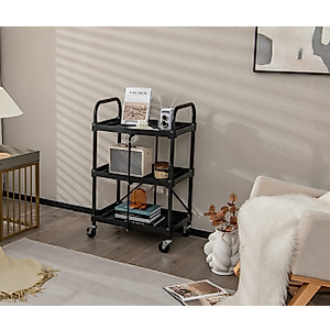 Goplus Folding Utility Cart, 3-Tier Rolling Tool Cart w/Lockable Wheels, Divided Storage Compartments, Collapsible Metal Service Cart Work Cart for Office Home, Garage, Kitchen, Black