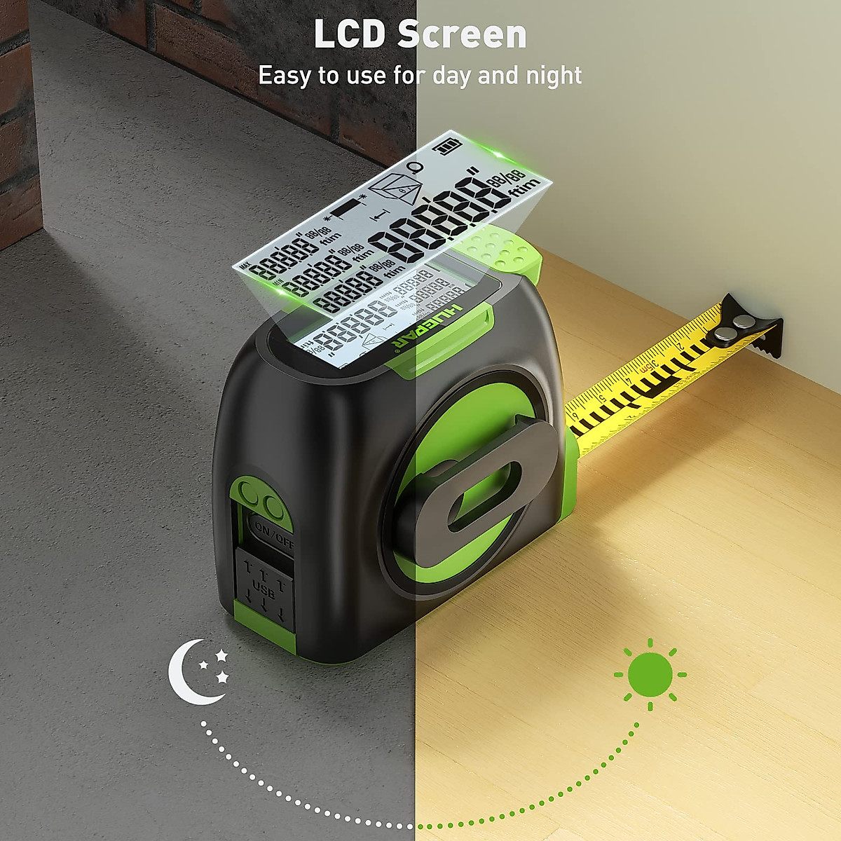 Huepar 2-in-1 Laser Tape Measure, 197Ft Rechargeable Laser Measurement Tool & 16Ft. Measure Tape with Backlit LCD & Movable Hook -Pythagorean, Area, Volume, M/in/Ft Unit Switch Digital Distance Meter