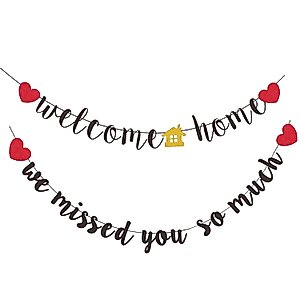 ZWYANG Welcome Home Banner and We Missed You So Much Banner Black Glitter for Homecoming, Family Theme Party, Military Return Party Decorations(Pre-Strung)