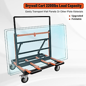 Upgrade Folding Drywall Cart, 2200 lbs Load Capacity, Heavy Duty Panel Dolly Cart with Rubber Swivel Casters, Handling Wall Panel, Sheetrock, Wood Panel, Windows, Rolling Dolly for Garage, Warehouse