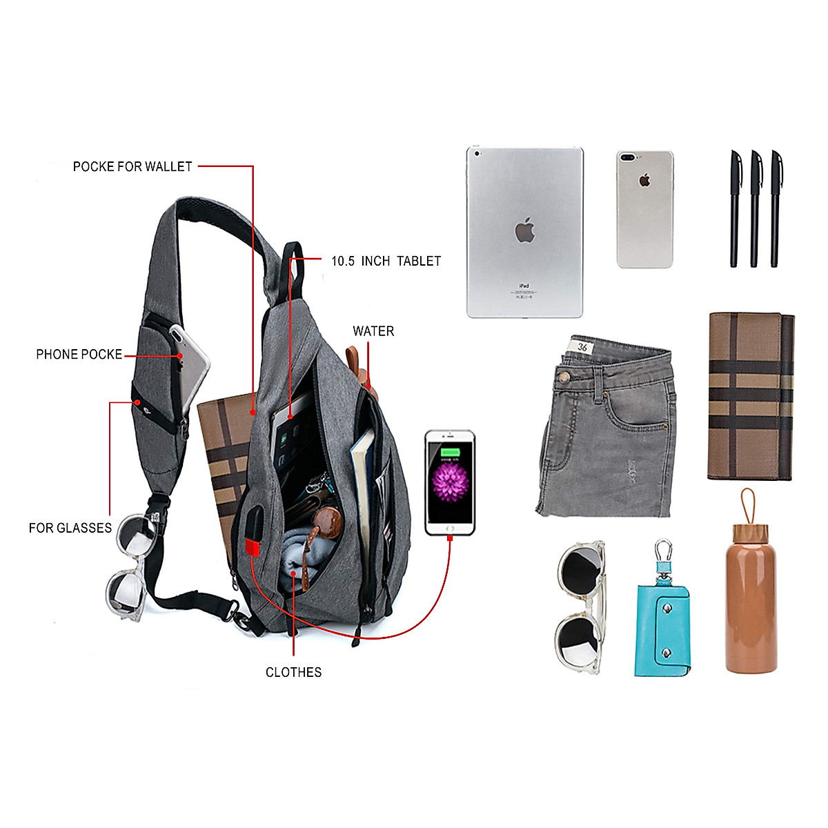 TurnWay 2023 Water-Proof Sling Backpack/Crossbody Bag/Shoulder Bag for Travel, Hiking, Cycling, Camping for Women & Men (GRAY)