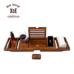 XcE Bathtub Caddy Tray Expandable to 105cm with Bamboo Book Stand and Soap Tray, Brown