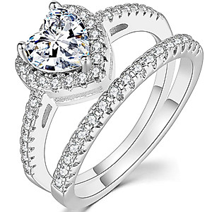 Jude Jewelers Rhodium Plated Heart Shaped Engagement Eternity Bridal Anniversary Promise Wedding Band Ring Set (Silver, 7)