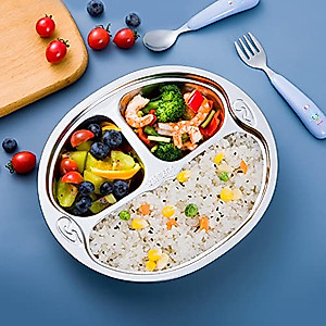 SOUJOY 4 Pack Divided Plate, Stainless Steel Diet Control Dinner Plate, 3 Sections Korean Unbreakable Monkey Shape Compact Food Serving Tray for Kids, Picky Eaters, Campers