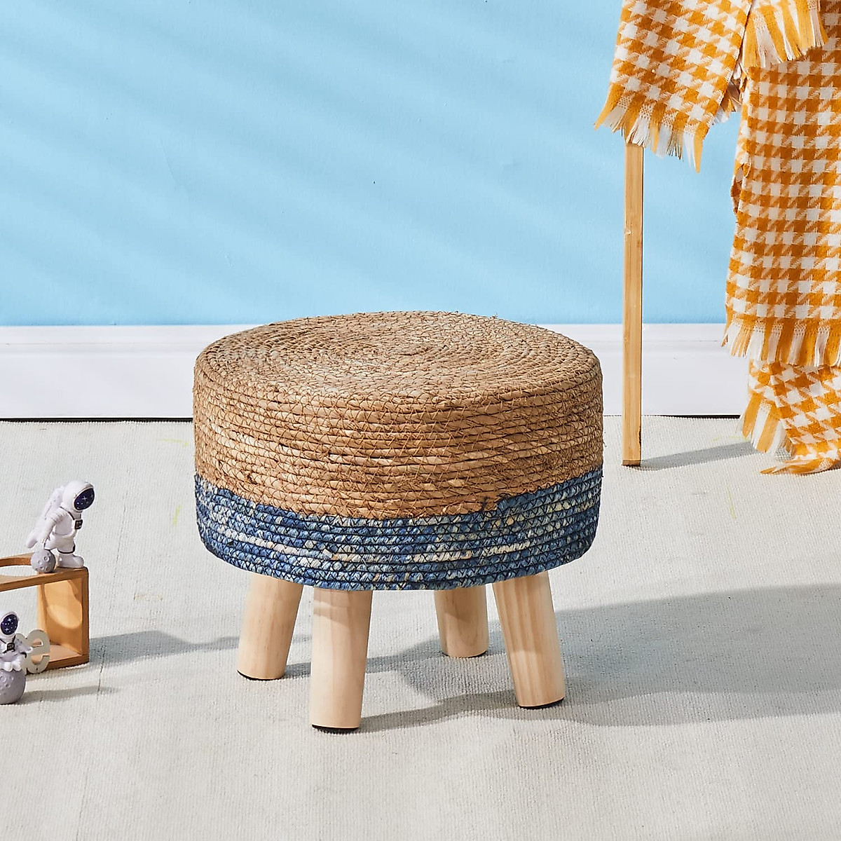 Cpintltr Foot Stool Natural Seagrass Hand Weave Poufs Round Ottoman for Couch Desk Soft Step Stool Padded Foot Rest with Non-Skid Pine Legs for Hallway Office Lounge Natural/Blue