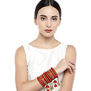 Aheli Wedding Party Designer Velvet Faux Stone Studded Bridal Bangle Set Chuda with Hangings Indian Traditional Ethnic Fashion Jewelry for Women(Red)