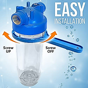 10 Inches European Design Transparent Standard Whole House Water Filter System with Presser Relief Valve, 3/4” Inlet/Outlet Brass Port and Yearly Supply (4) Sediment Cartridges 5 Micron