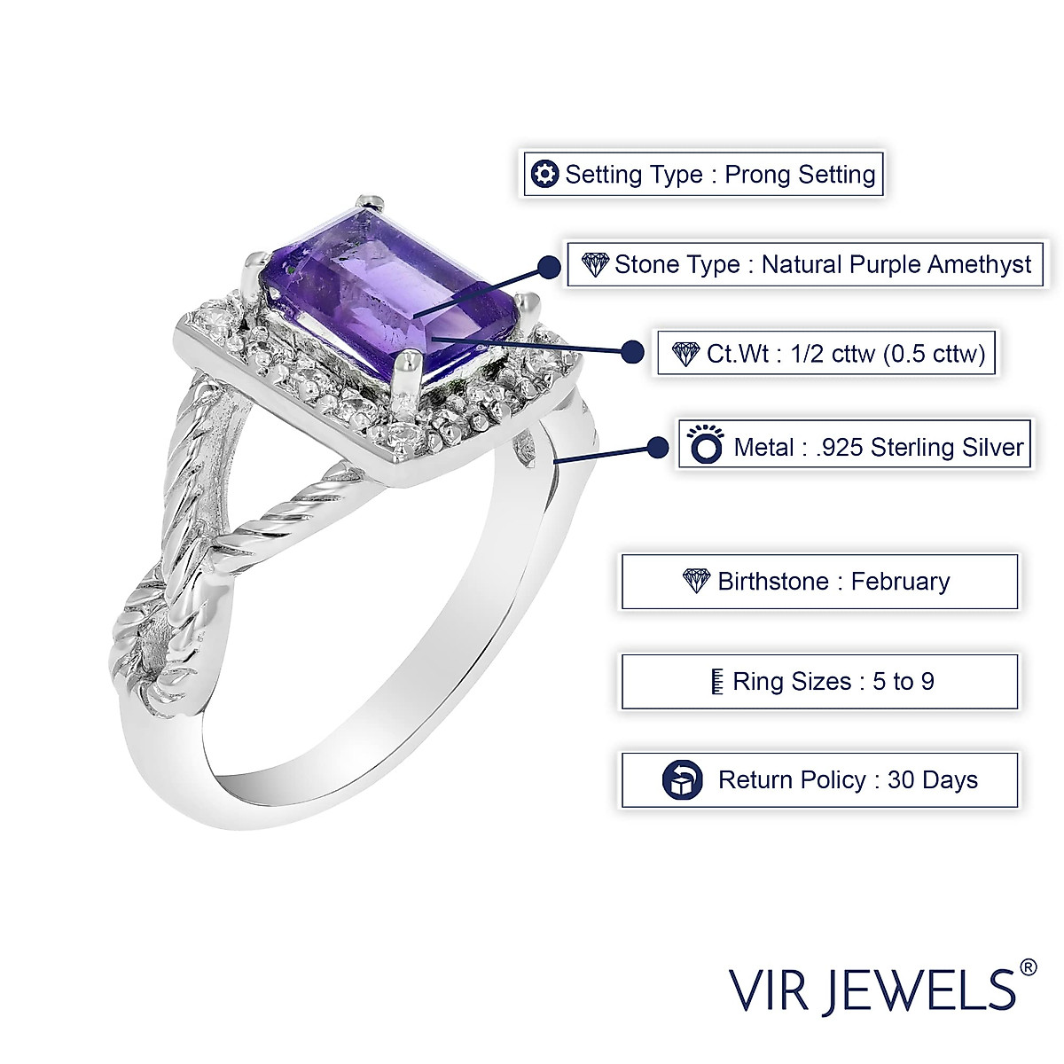 VIR JEWELS 1/2 cttw Purple Amethyst Ring .925 Sterling Silver with Rhodium Emerald 7x5 MM Size 5