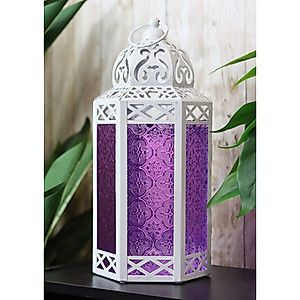 VELA LANTERNS Metal Moroccan Decorative Candle Lantern Holders for Hanging or Table, Indoor Home Decor, Outdoor Patio or Porch, Weddings, White, Purple Glass, Large