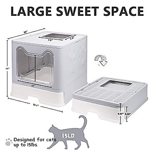 Foldable Cat Litter Box with Lid, Enclosed Cat Potty, Top Entry Anti-Splashing Cat Toilet, Easy to Clean Including Cat Litter Scoop and 2-1 Cleaning Brush (Grey) Large