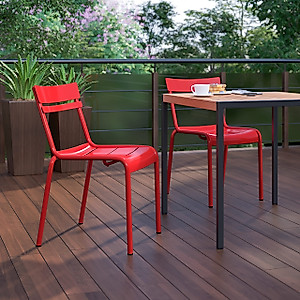 Flash Furniture Nash Commercial Grade Steel Stack Chair, Indoor-Outdoor Armless Chair with 2 Slat Back, Set of 4, Red