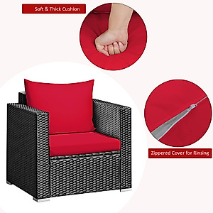 Tangkula 3 Pieces Patio Furniture Set, PE Rattan Wicker Sofa Set w/Washable Cushion and Tempered Glass Tabletop, Outdoor Conversation Furniture for Garden Poolside (Red)