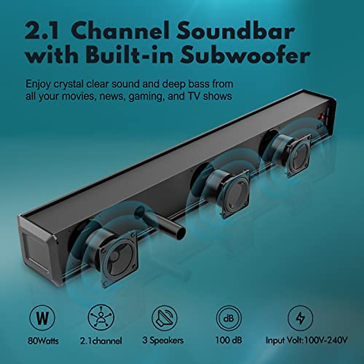 wogree 2.1ch Soundbar with Built-in Subwoofer, 80W 24 Inch Compact Small Sound Bars for TVs, Home Audio TV Speakers Support Bluetooth, TV-ARC, Optical, AUX, Line-in, and USB Input
