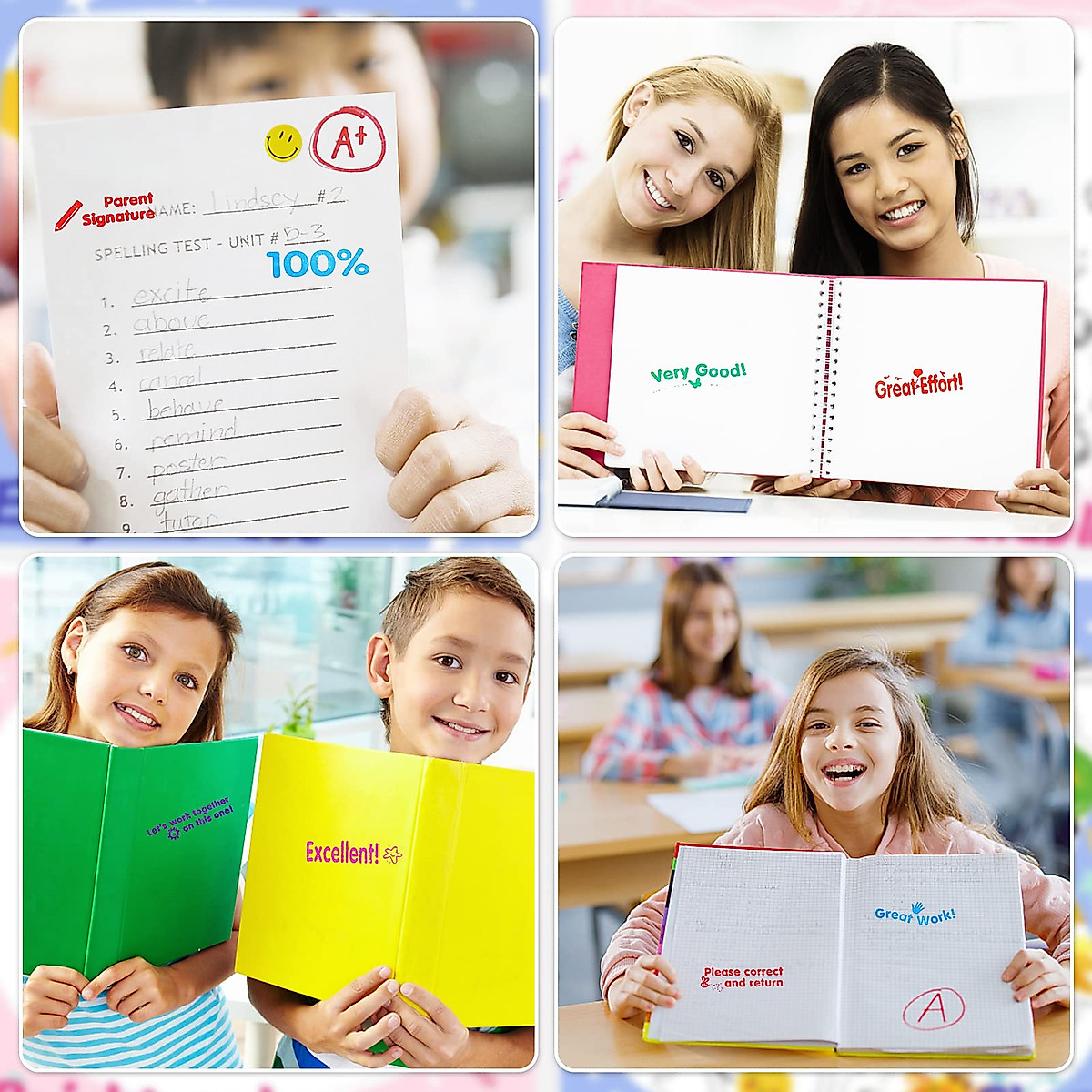 Tmtains 8Pcs Teacher Stamps for Classroom Teacher Supplies Self-inking Grading Stamps Encouraging Comments for Parent Signature School Teachers Review Feedback Homework Reward Colorful Stamp with Tray