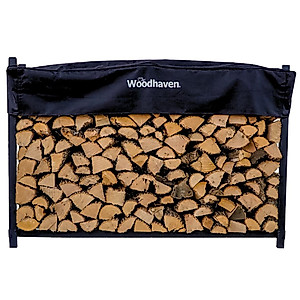 Woodhaven 6 Foot Black - Heavy Duty Made in the USA - Outdoor Cord Firewood Storage Log Rack With Seasoning Cover Set - Metal Firewood Rack With UV-Stable Powder Coat