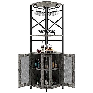 Osfvolr Bar Cabinet w/Wine Rack and Glass Holder, Corner Cabinet with Mesh Door, Corner Bar Cabinet with Adjustable Shelf, Liquor Cabinet Bar for Home, Black Oak, A2