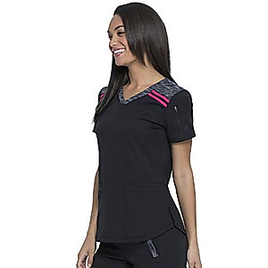 Dickies Dynamix Womens Tops, Athletic-Inspired Mélange V-Neck Scrub Top with Four-Way Stretch and Moisture Wicking DK740, XL, Black/Hot Pink