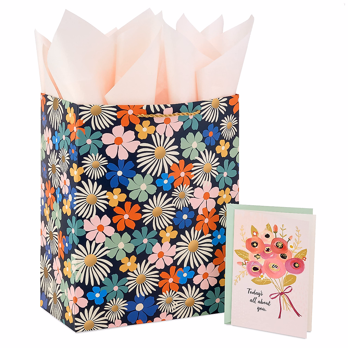 Hallmark 13" Large Gift Bag with Birthday Card and Tissue Paper for Women (Modern Flowers, Pink, Sage, Blue, Black, Yellow) for Mom, Daughter, Sister, Girlfriend, Aunt, Nana