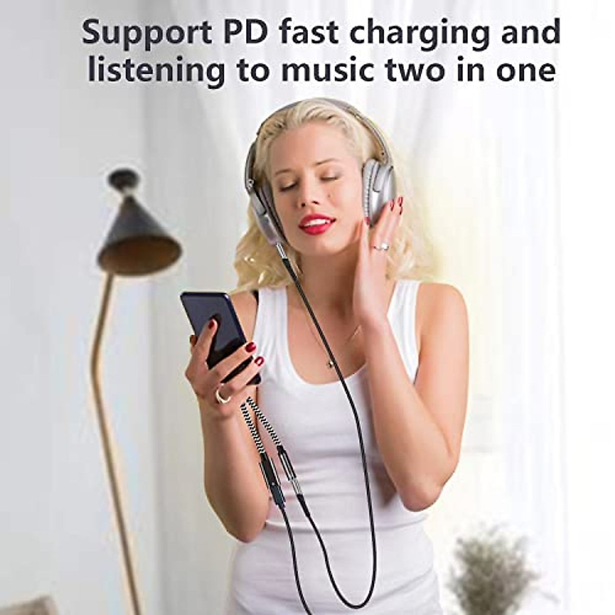 HLDInie USB c to 3.5 Headphone and Charger Adapter Type c Splitter 2-in-1 Aux Audio Jack high Resolution DAC and Fast Charging dongle Cable(Black)